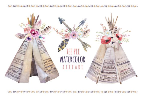 Watercolor boho teepee & bouquets ~ Illustrations on Creative Market