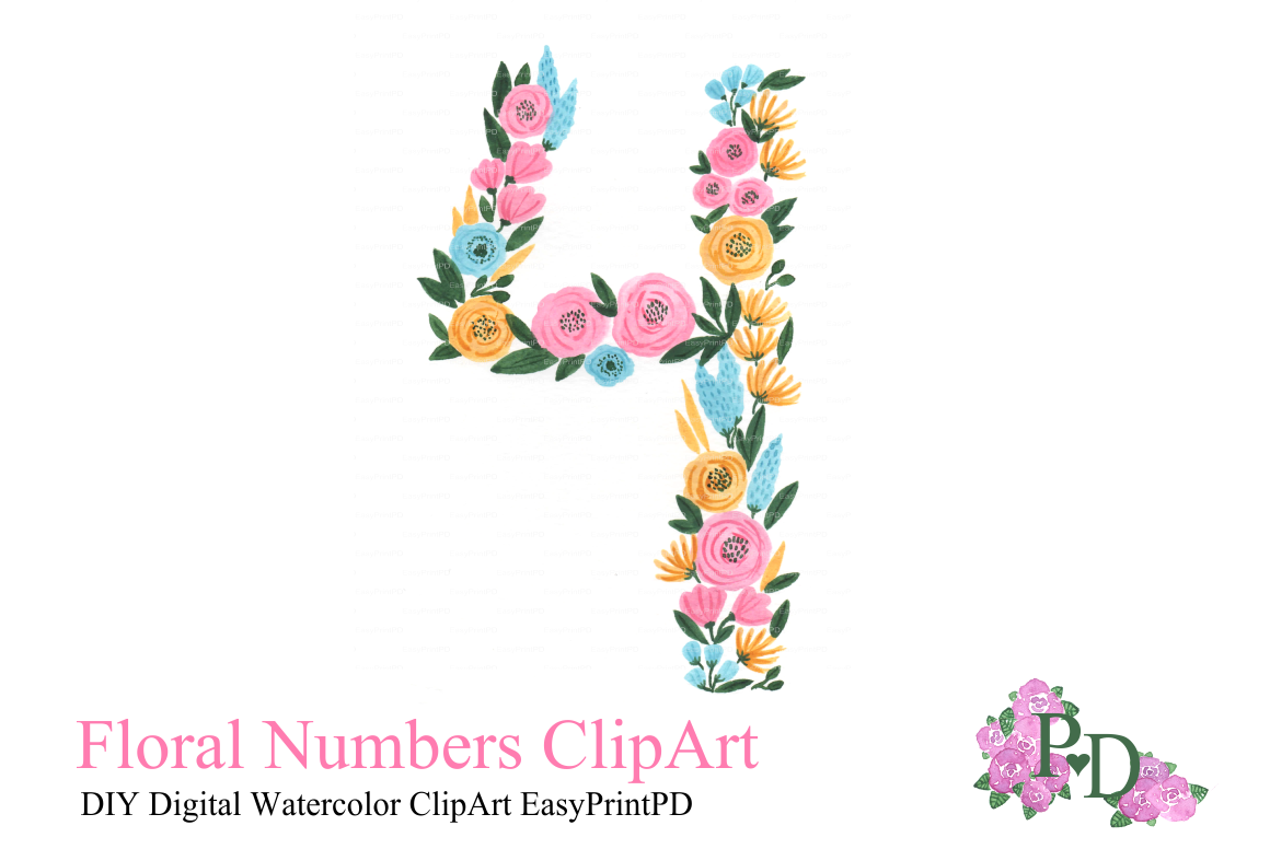 Hand painted Floral Number Four Art ~ Illustrations on Creative Market