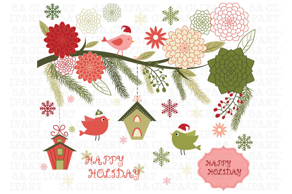 Christmas Bird Floral Clipart ~ Illustrations on Creative Market