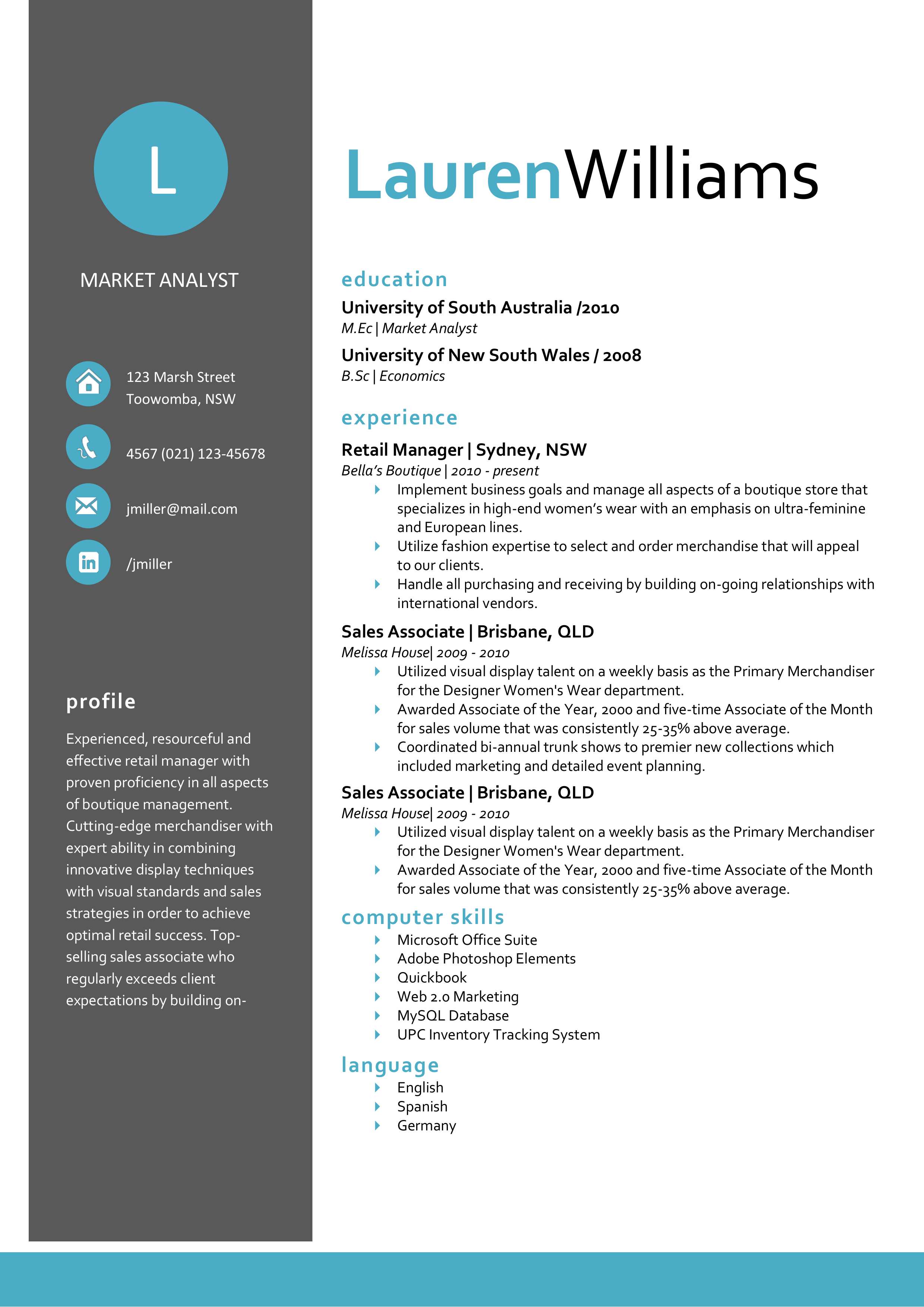 Aqua left bar resume template ~ Resume Templates on Creative Market