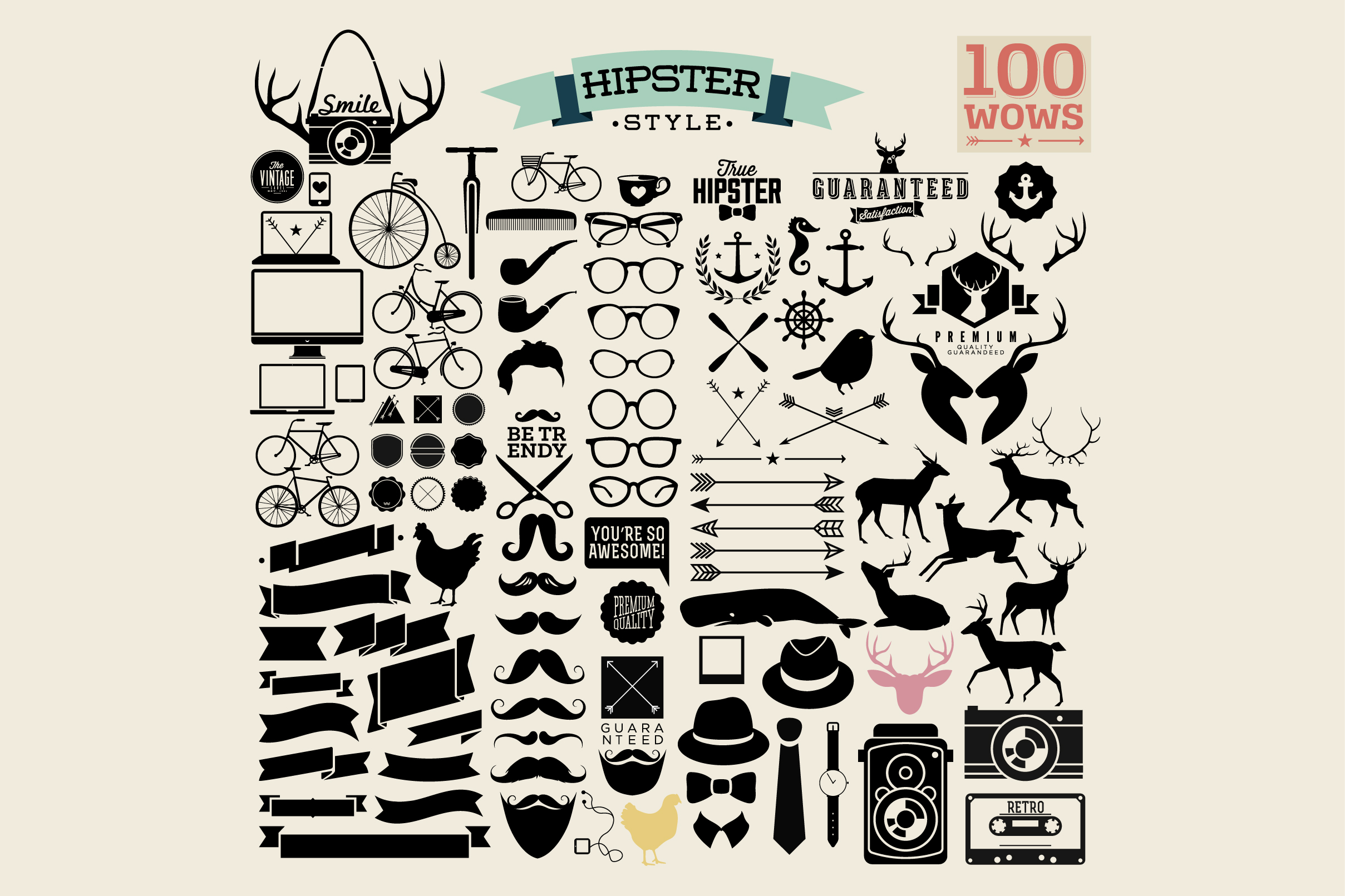 100 Hipster design elements ~ Illustrations on Creative Market