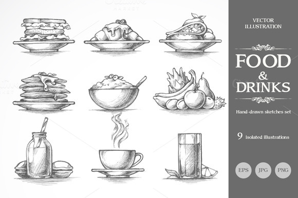 Hand drawn food and drinks set ~ Illustrations on Creative Market
