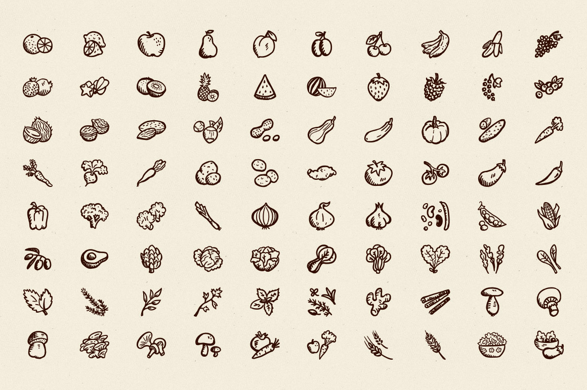 80 Hand-Drawn Fruits and Vegetables ~ Icons on Creative Market