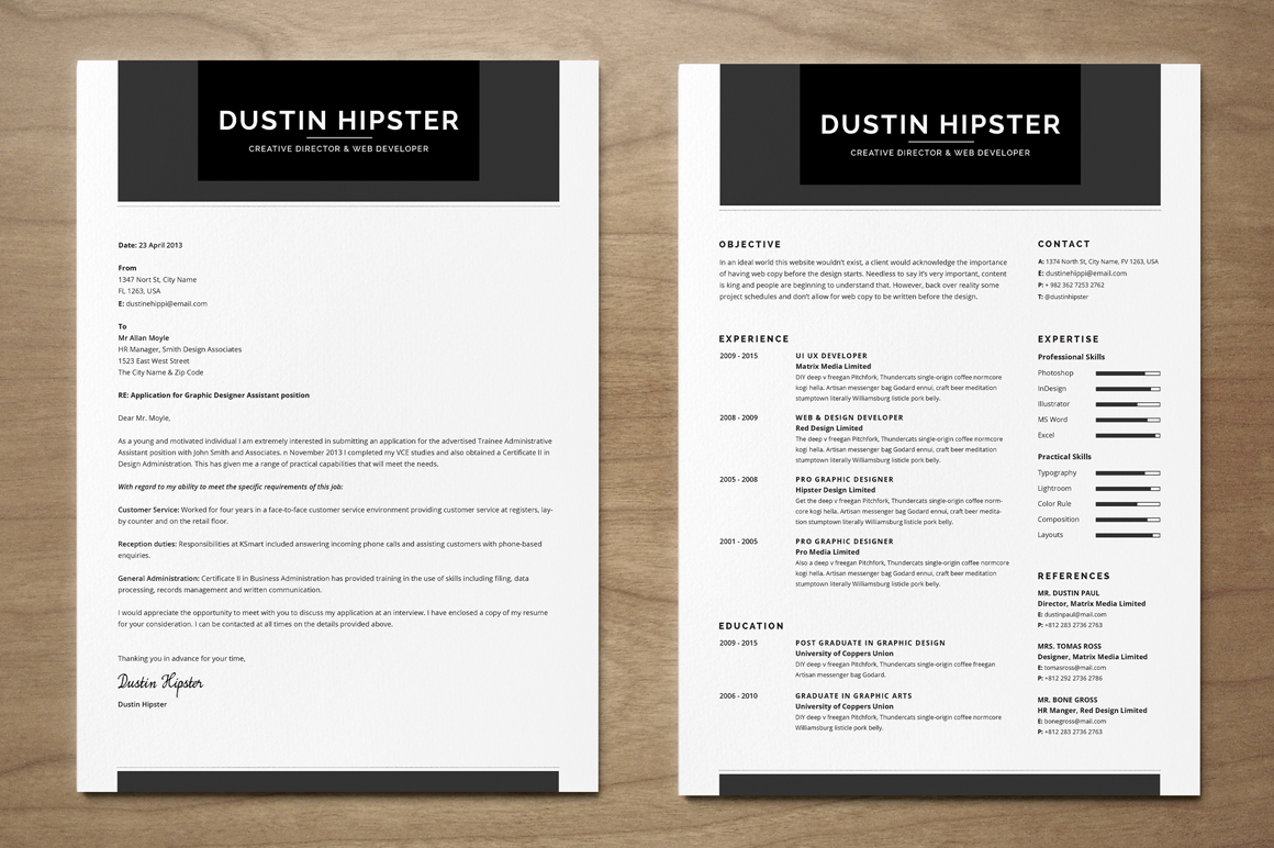 Resume/CV Set - The Hipster ~ Resume Templates on Creative Market