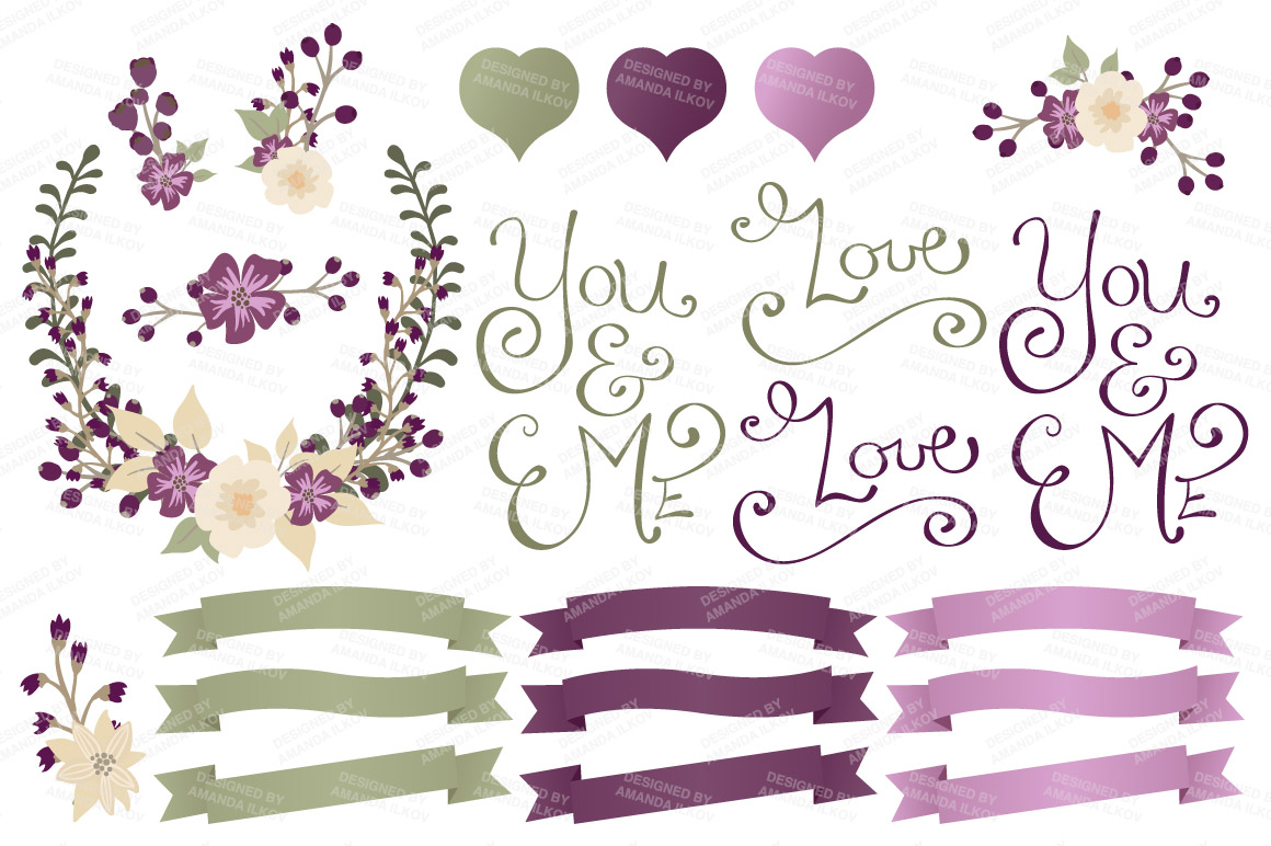 Plum Floral Heart & Banner Vectors ~ Illustrations on Creative Market