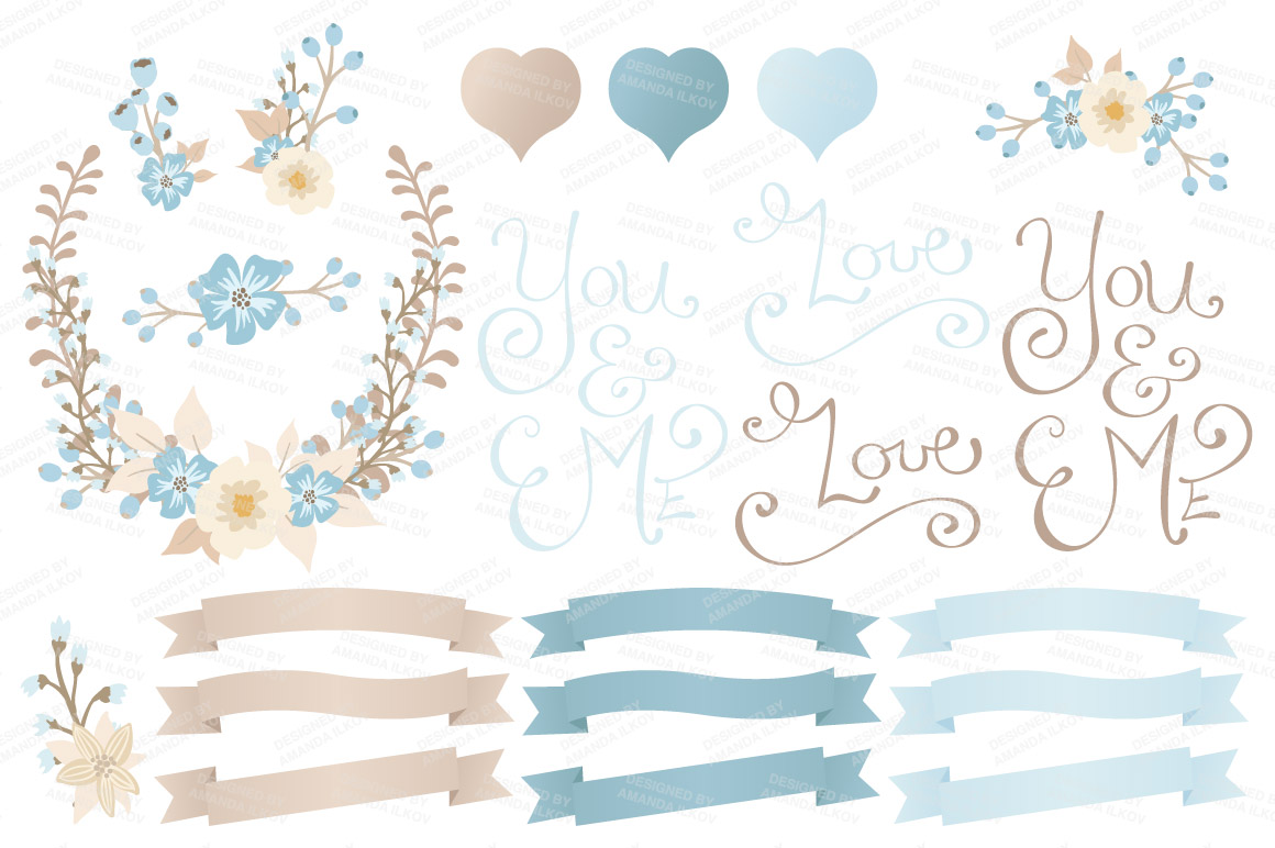 Soft Blue Floral Heart & Banners ~ Illustrations on Creative Market