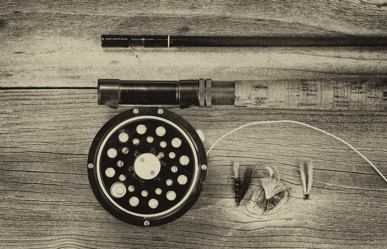 Vintage fly reel and rod with flies ~ Sports Photos on Creative Market