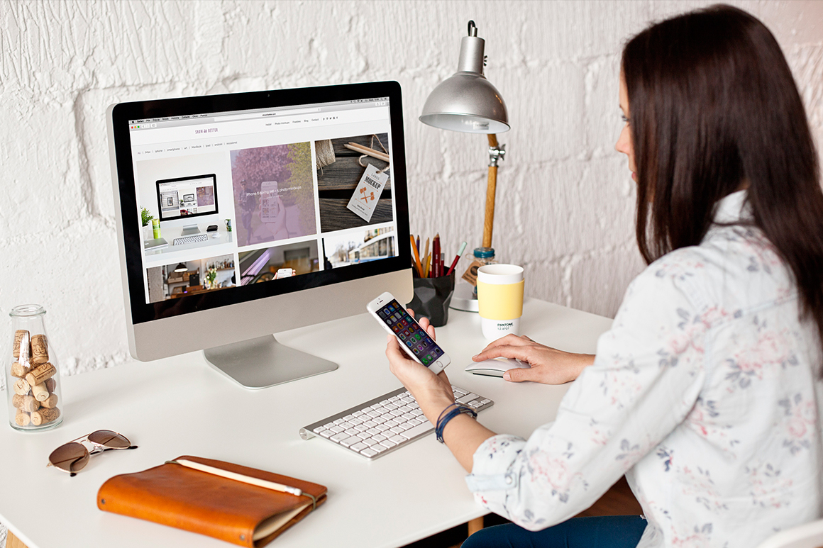Woman using iMac - 12 photo mockups ~ Product Mockups on Creative Market