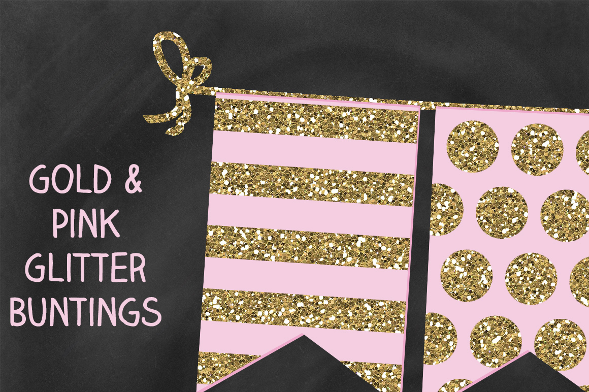 Pink and Gold Glitter Bunting Banner ~ Objects on Creative Market