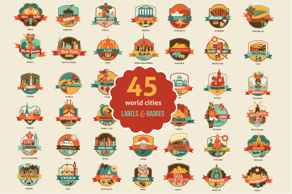 World Cities & Places - 45 labels ~ Illustrations on Creative Market