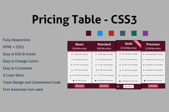 Pricing Table - CSS3 ~ HTML/CSS Themes on Creative Market
