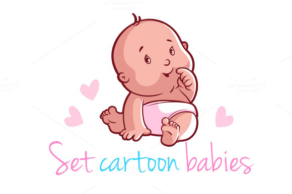 Set of cute cartoon babies and logos ~ Illustrations on Creative Market
