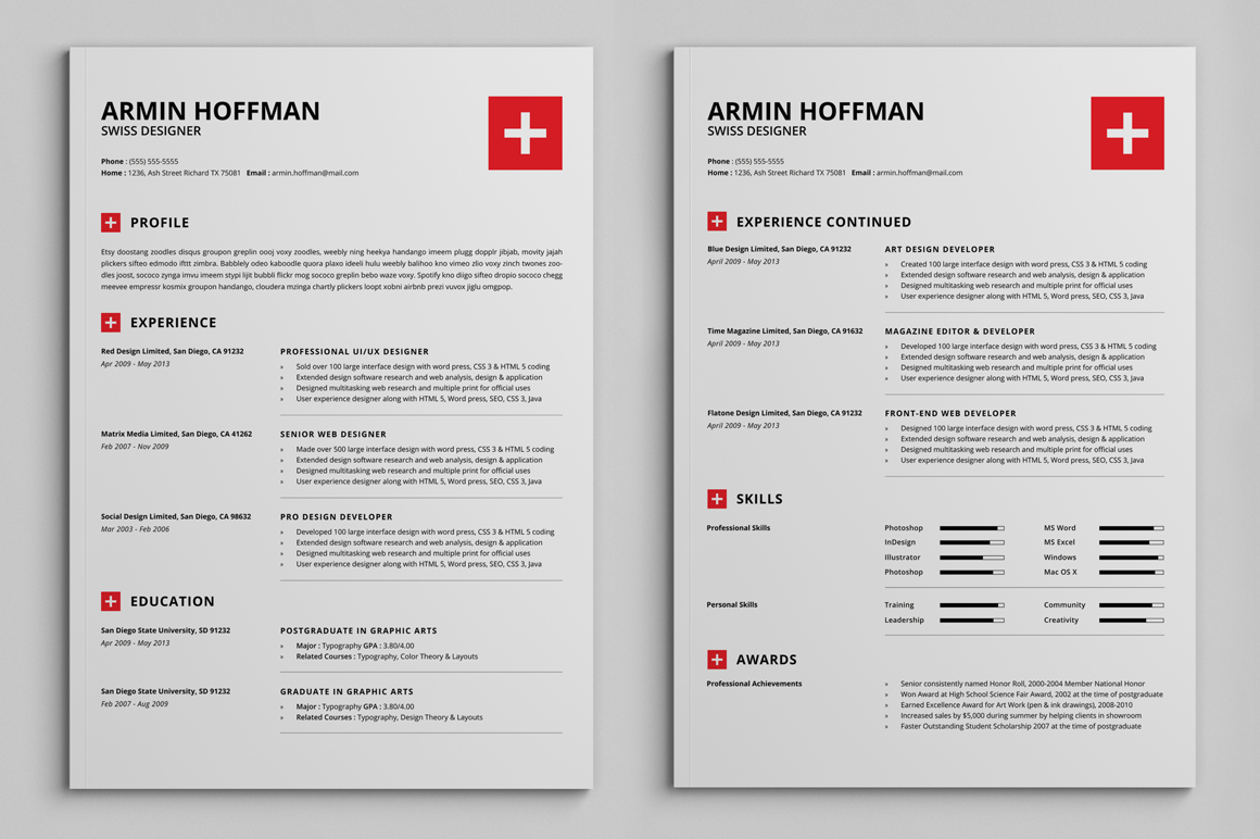 2 Pages Swiss Resume | Extended Pack ~ Resume Templates on Creative Market