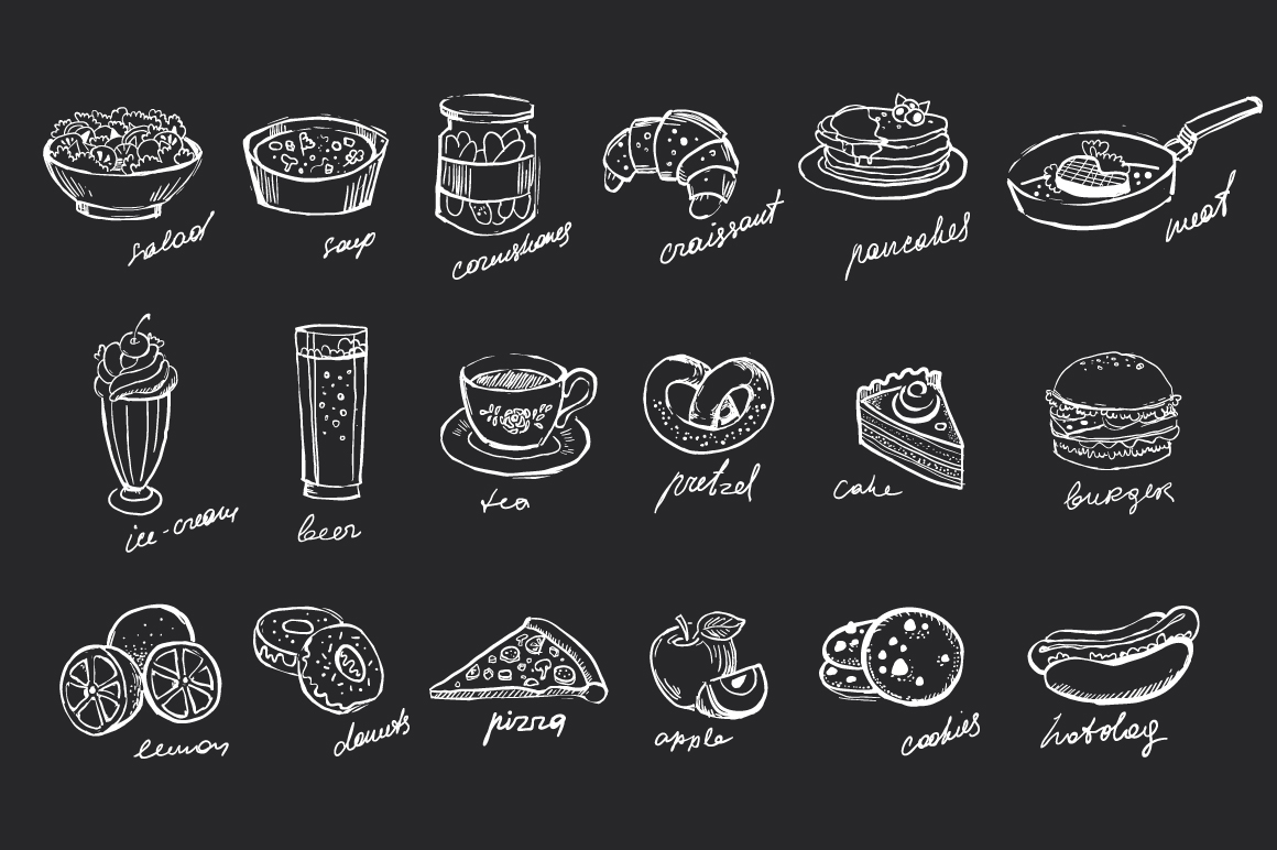 Food hand-drawn chalk on blackboard ~ Web Elements on Creative Market