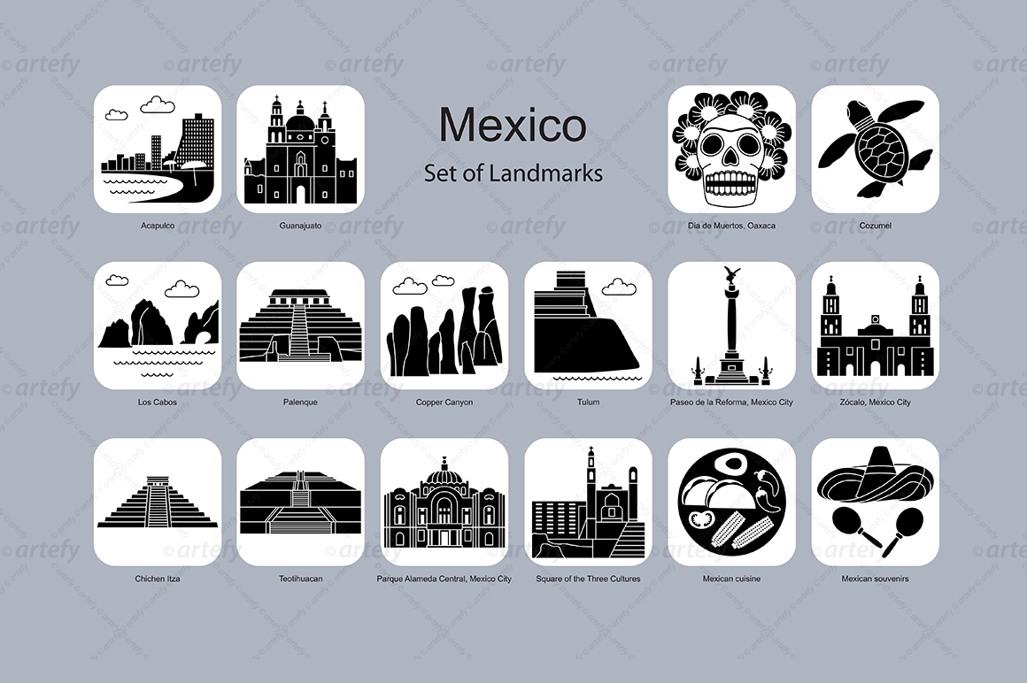 Mexico landmark icons (16x) ~ Icons on Creative Market