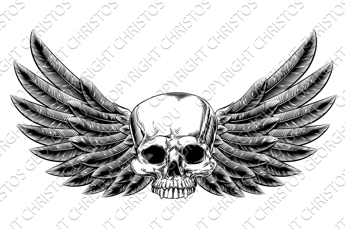 Vintage Woodcut Winged Skull ~ Illustrations on Creative Market