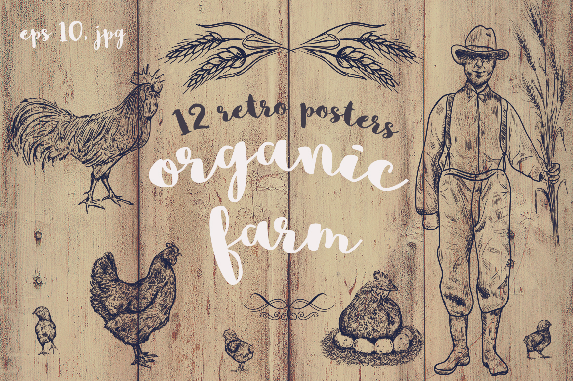 Retro "organic farm" posters ~ Illustrations on Creative Market