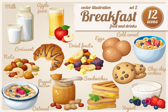Breakfast: Cartoon vector food icons ~ Objects on Creative Market